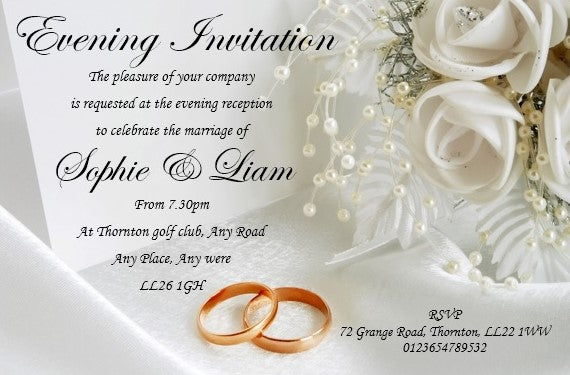 Wedding Evening Invitation Ref WE1 Floral design with wedding rings ...